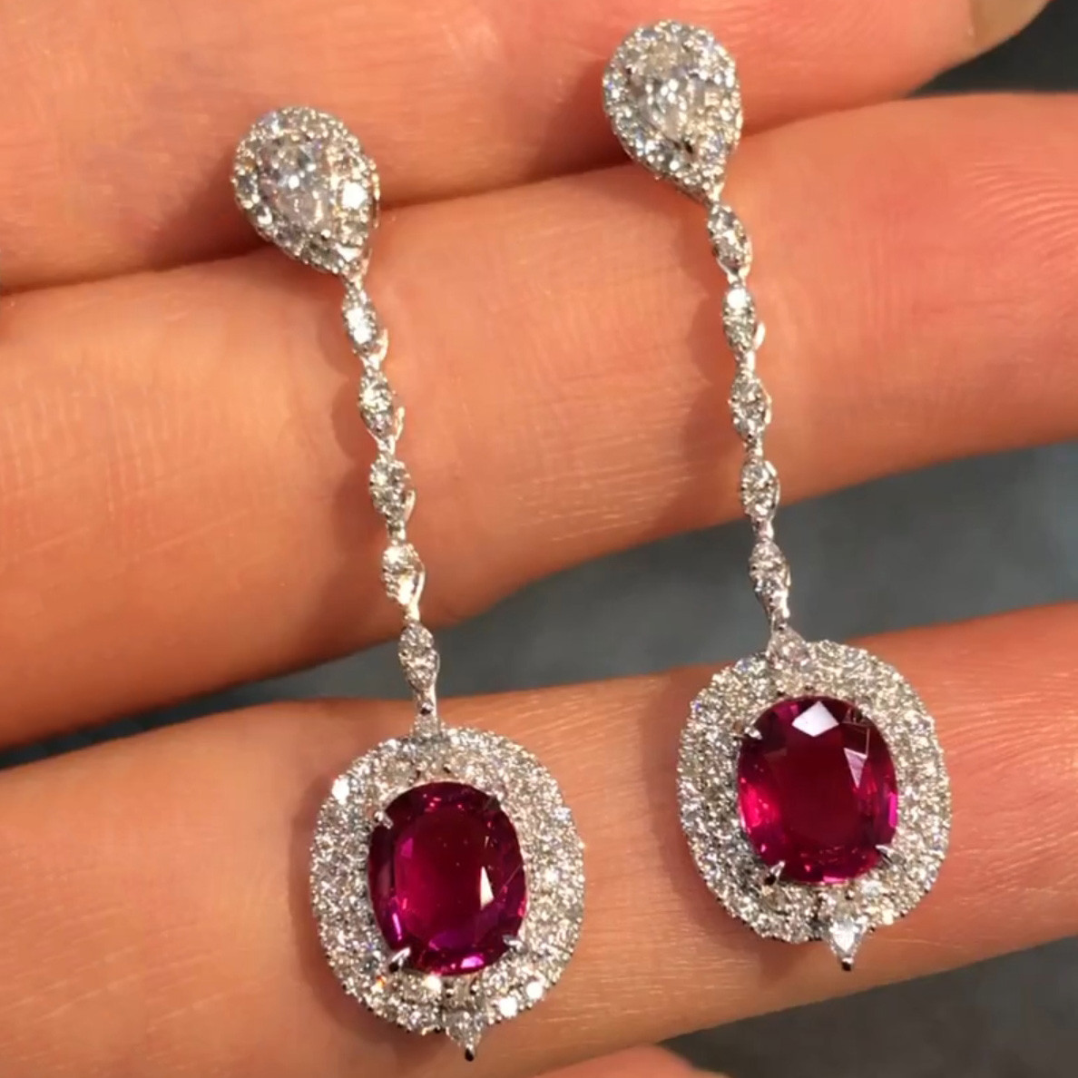Vintage Halo Oval Cut Ruby Drop Earrings | SayaBling