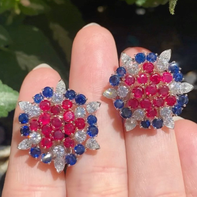 8ctw Ruby and Sapphire Cluster Stud Earrings | SayaBling