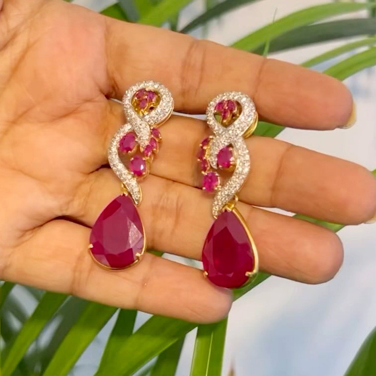 14ctw Pear Cut Ruby Vintage Statement Earrings | SayaBling