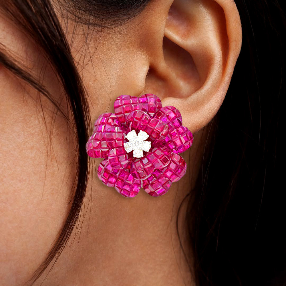 49ctw Invisibly-Set Ruby Flower Statement Earrings | SayaBling