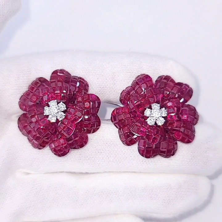 49ctw Invisibly-Set Ruby Flower Statement Earrings | SayaBling