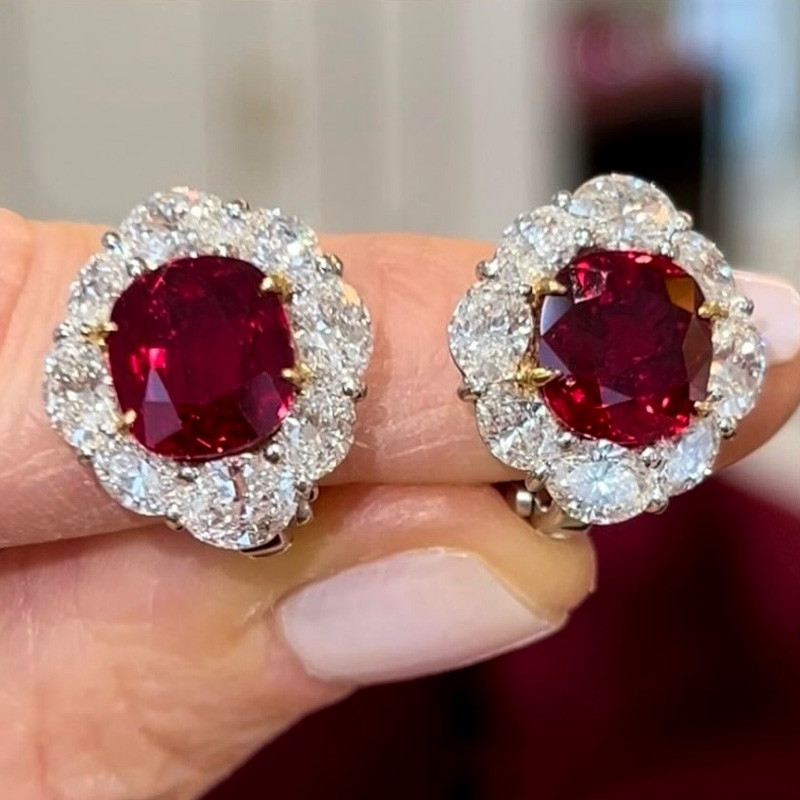 12ctw Cushion Cut Ruby Halo Clip Earrings | SayaBling