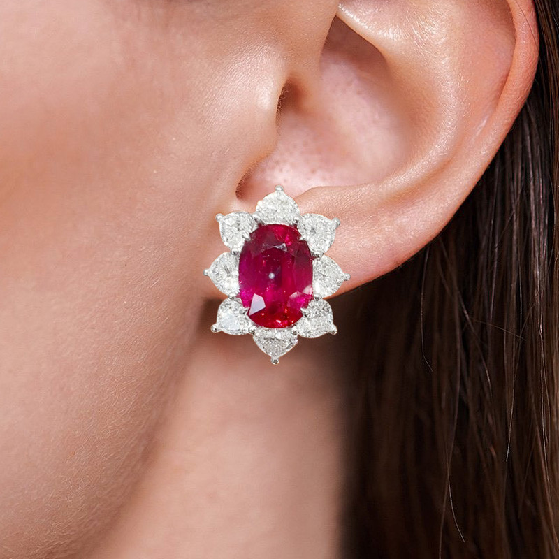 12ctw Oval Cut Ruby Halo Classic Stud Earrings | SayaBling