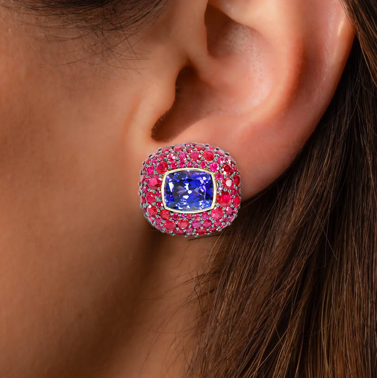 10ctw Tanzanite Blue Sapphire and Ruby Paved Stud Earrings | SayaBling