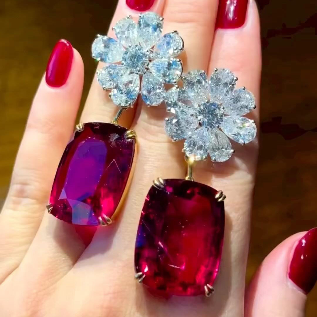 7.5ct Cushion Cut Ruby Drop Earrings | SayaBling