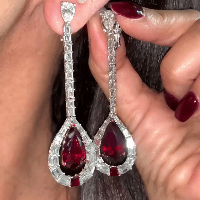 3.5ctw Halo Pear Cut Ruby Drop Earrings | SayaBling