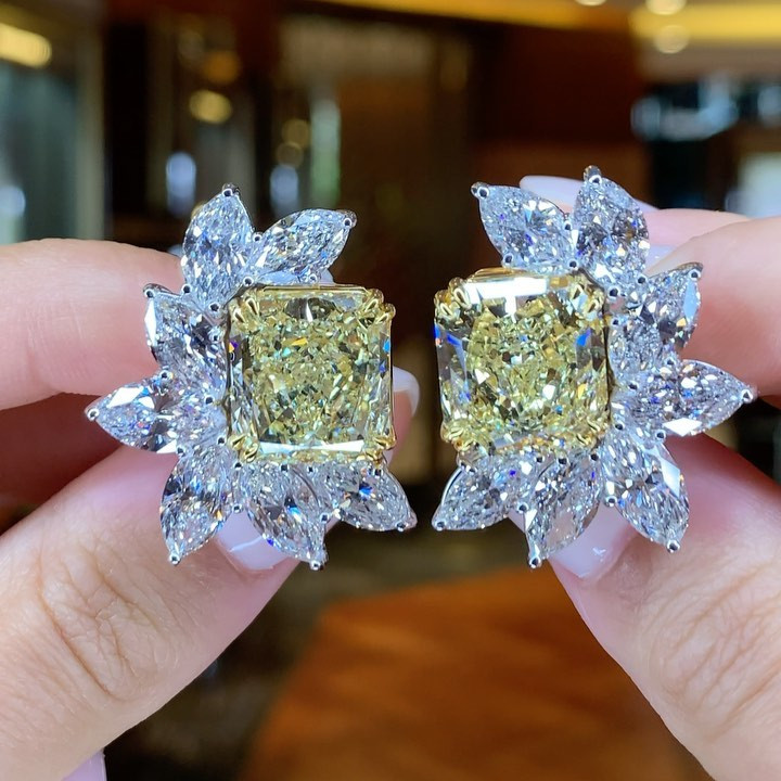 Cushion Cut Yellow Sapphire Cluster Stud Earrings | SayaBling Jewelry