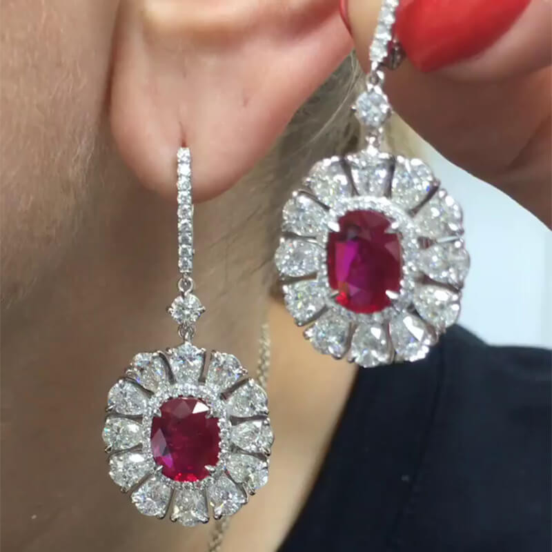 Flower Oval Cut Ruby Drop Earrings for Women in Sterling Silver | SayaBling