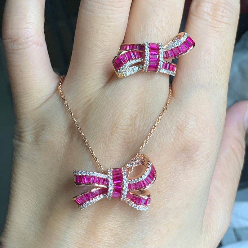 Baguette Cut Ruby Bow Pendant Necklace | SayaBling