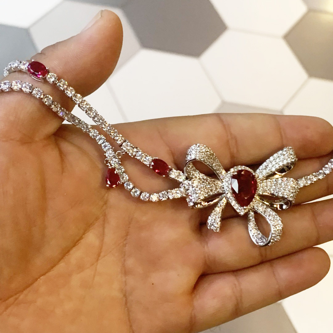 5.4ct Pear Cut Ruby Bowknot Necklace | SayaBling Jewelry