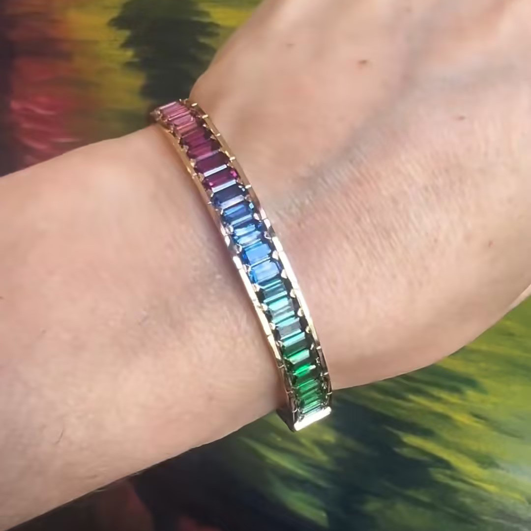 20ctw Emerald Cut Multicolor Sapphire Rainbow Bangle Bracelet | SayaBling