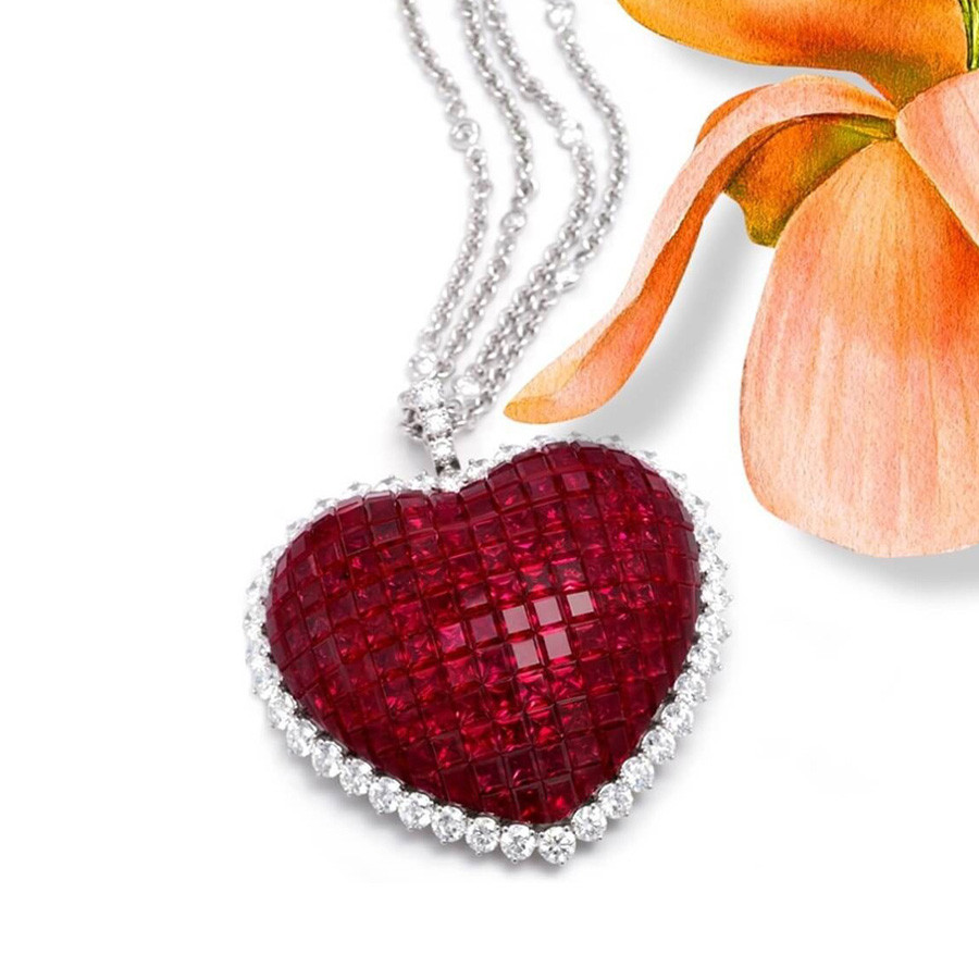 Invisible Setting Emerald Cut Ruby Pendant Necklace | SayaBling