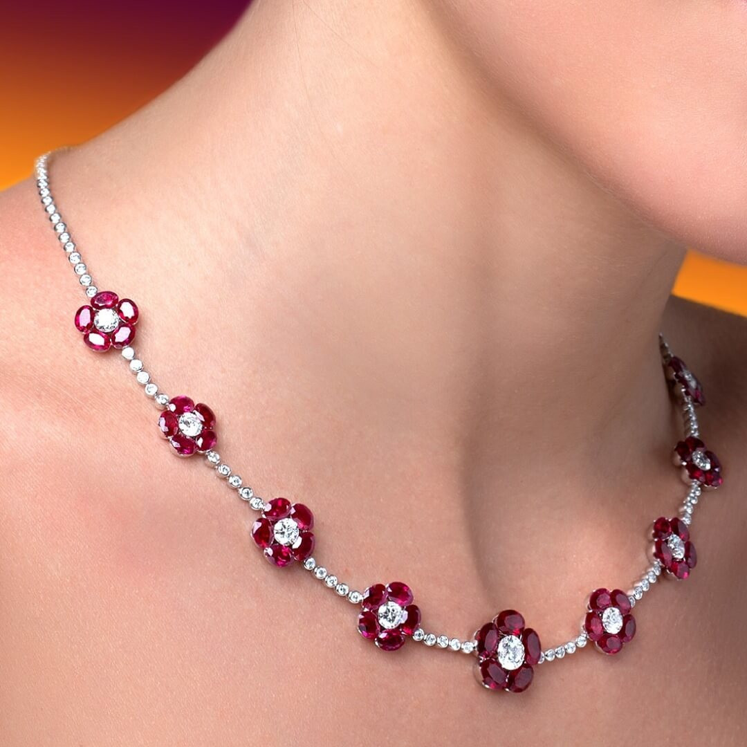 Oval Cut Ruby Flower Necklace | SayaBling
