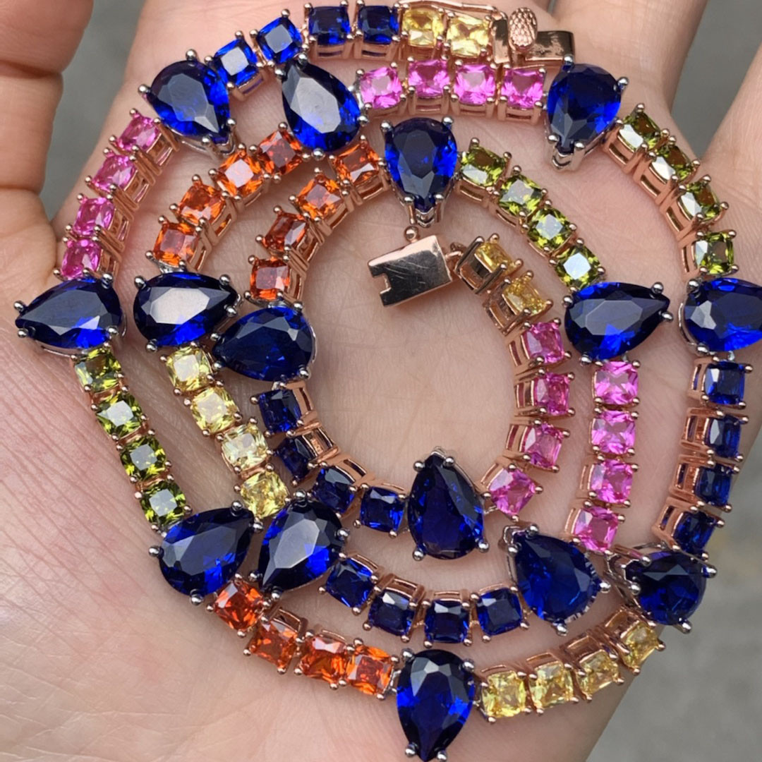 60ctw Pear and Cushion Cut Rainbow Sapphire Necklace | SayaBling Jewelry