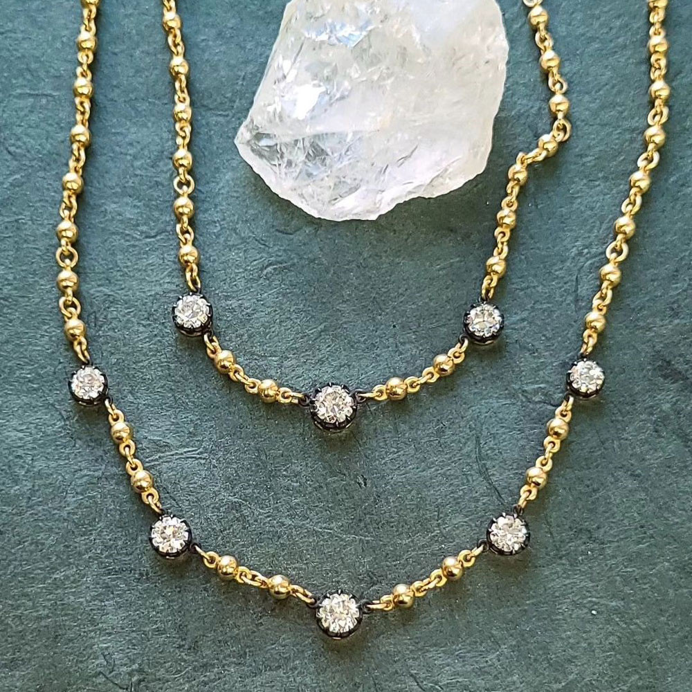 Round Cut White Sapphire Ball Chain Station Necklace | SayaBling Jewelry