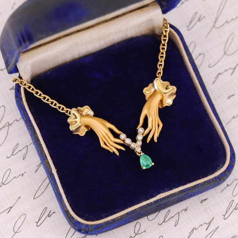 Pear Cut Emerald Vintage Love Hands Pendant Necklace | SayaBling