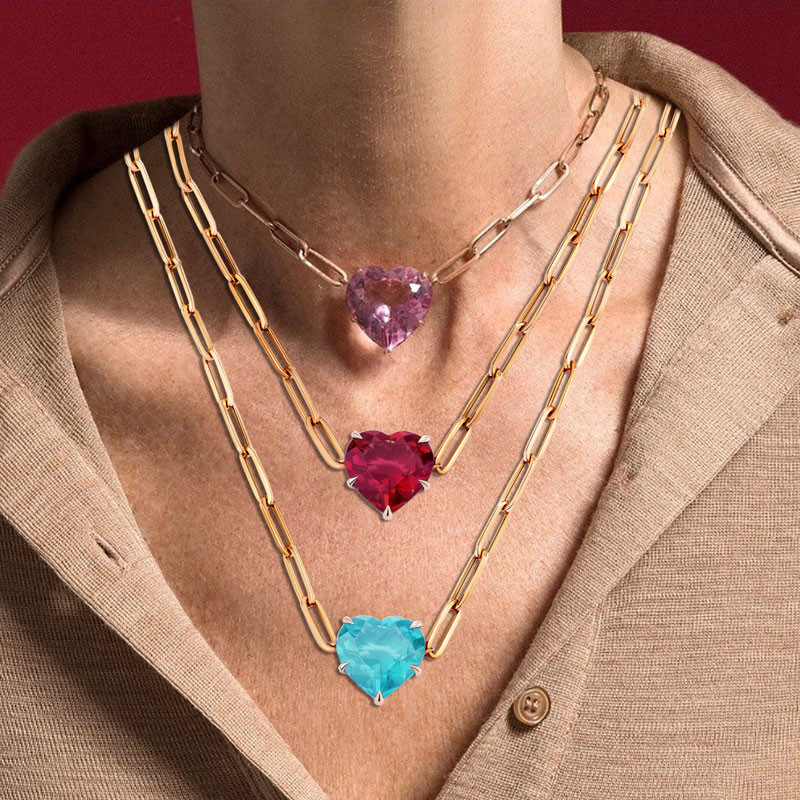 15ct Heart Cut Aquamarine/Pink Chain Link Statement Necklace | SayaBling