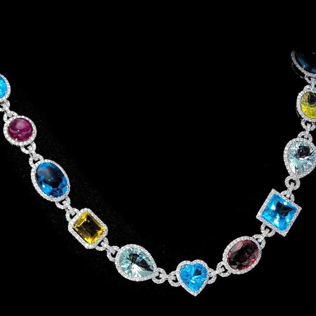 120ctw Multi-shaped Firework Cut Multicolor Statement Necklace | SayaBling