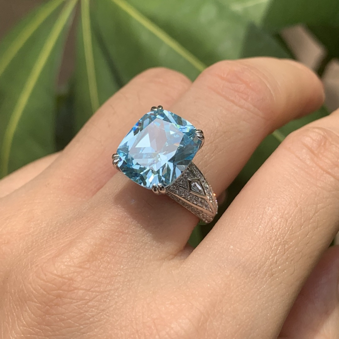 11ct Cushion Cut Aquamarine Engagement Ring | SayaBling