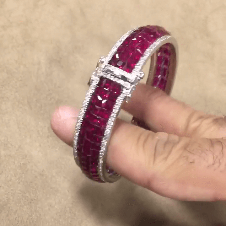 Invisible Setting Princess Cut Ruby Open Bracelet | SayaBling Jewelry