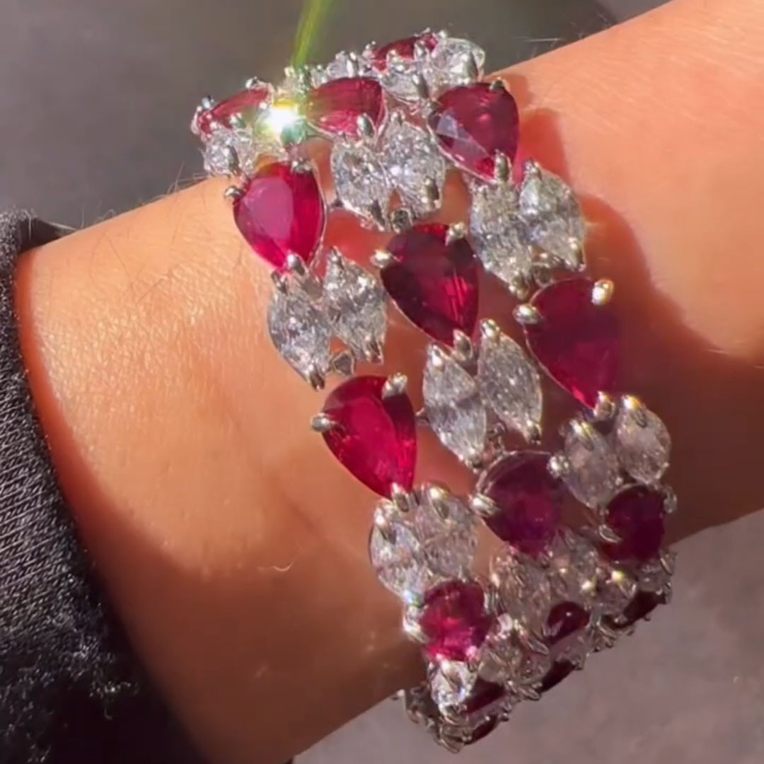 36ctw White Sapphire and Three Row Ruby Bracelet | SayaBling