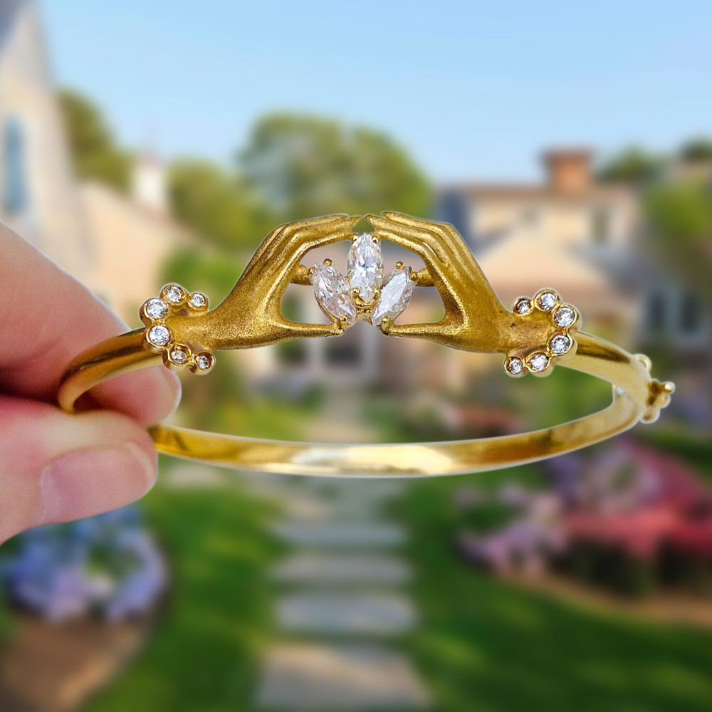 Vintage Marquise Cut Sandblasted Love Hands Bangle | SayaBling
