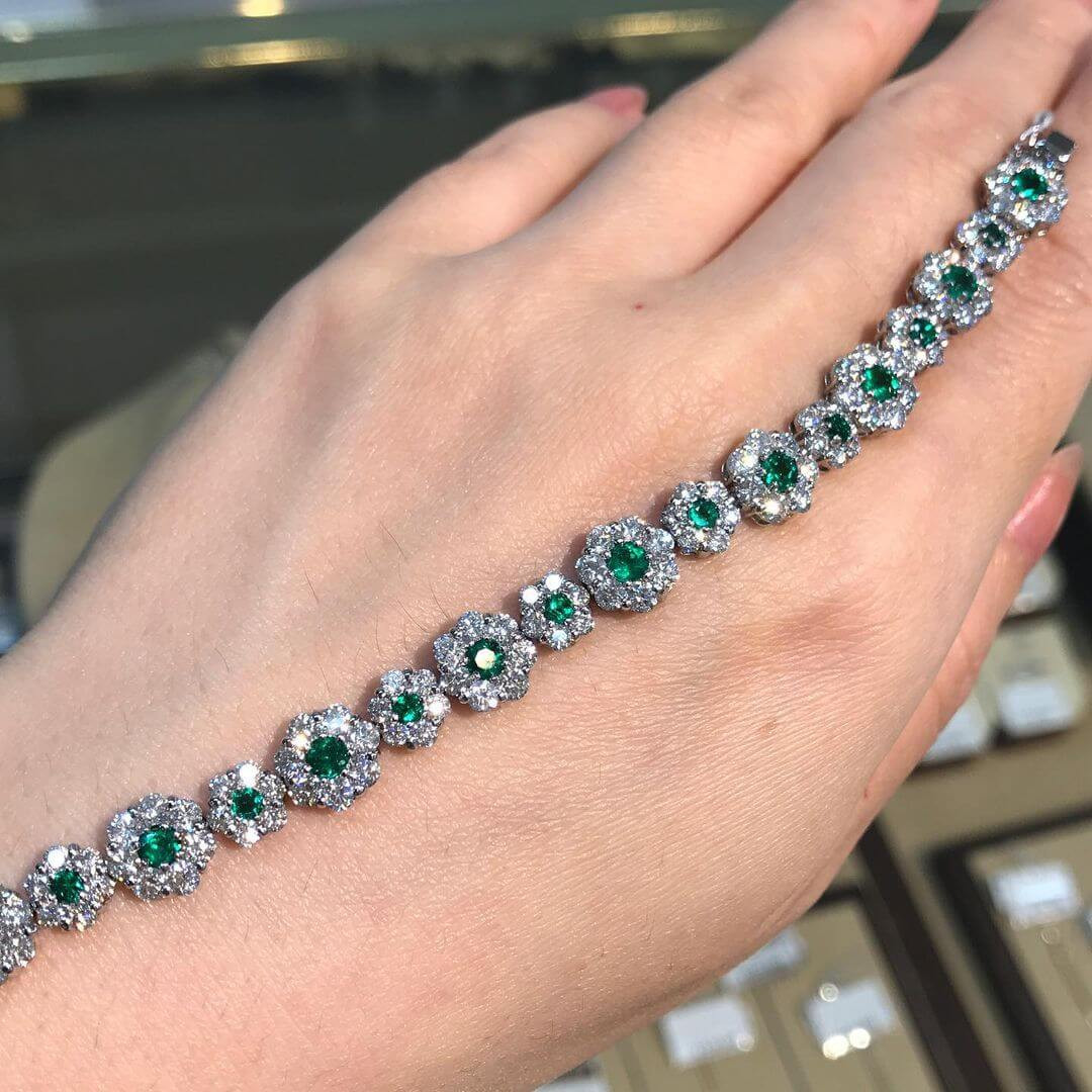 Flower Design Round Cut Emerald Bracelet for Women in Sterling Silver ...