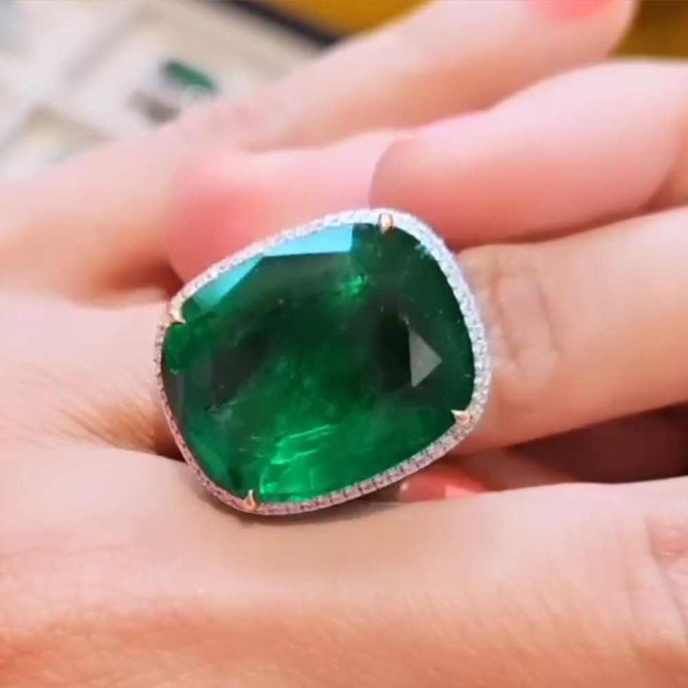 15ct Halo Cushion Cut Emerald Engagement Ring | SayaBling