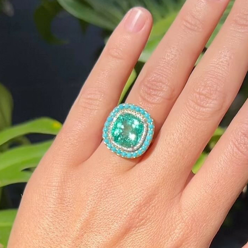 5.6ct Cushion Cut Emerald and Turquoise Halo Cocktail Ring | SayaBling