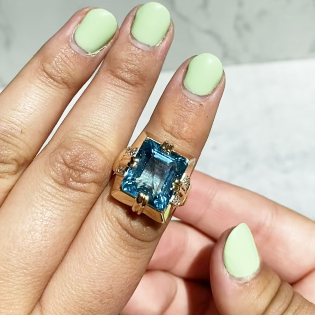 11ct Emerald Cut Aquamarine Art-Deco Bold Cocktail Ring | SayaBling Jewelry