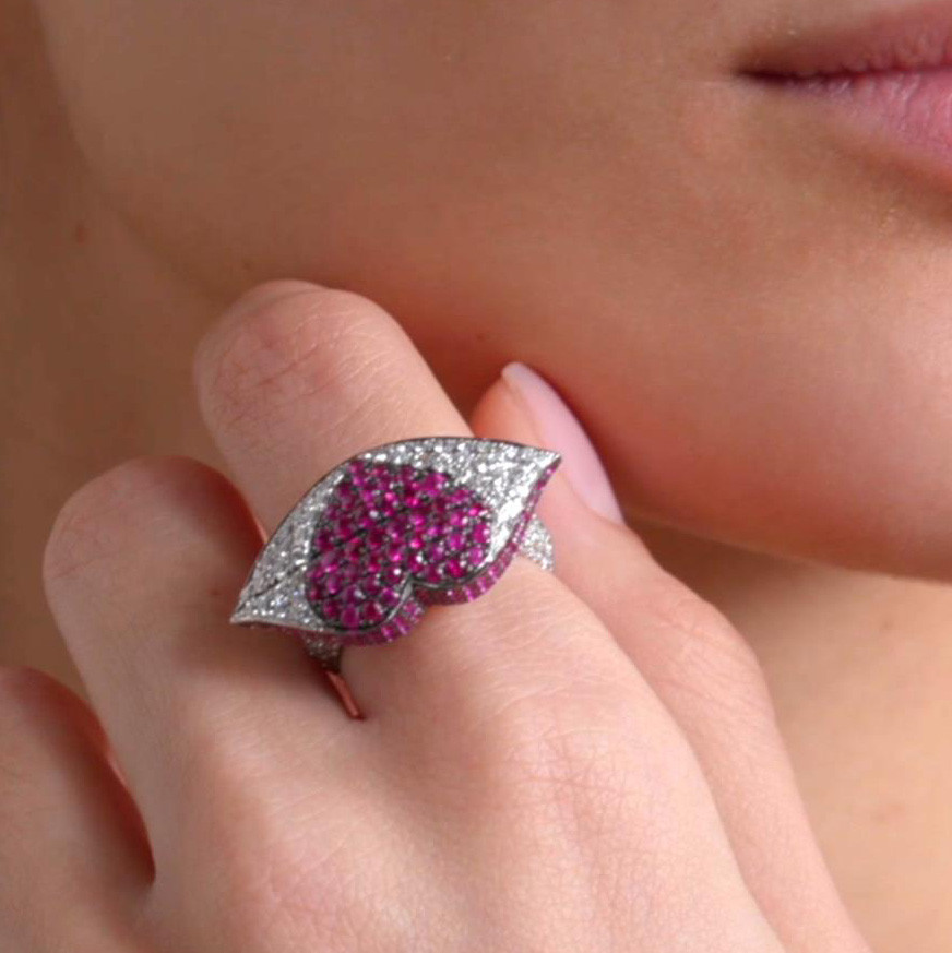 Paved Ruby and White Sapphire Heart Ring | SayaBling