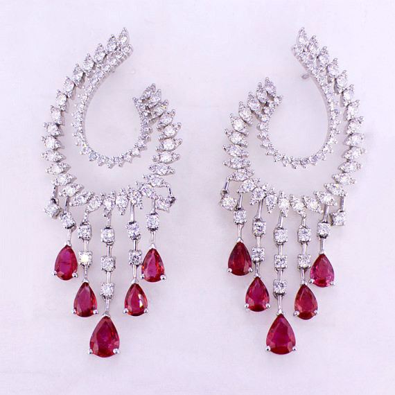 Ruby/Emerald Crescent Statement Chandelier Earrings | SayaBling