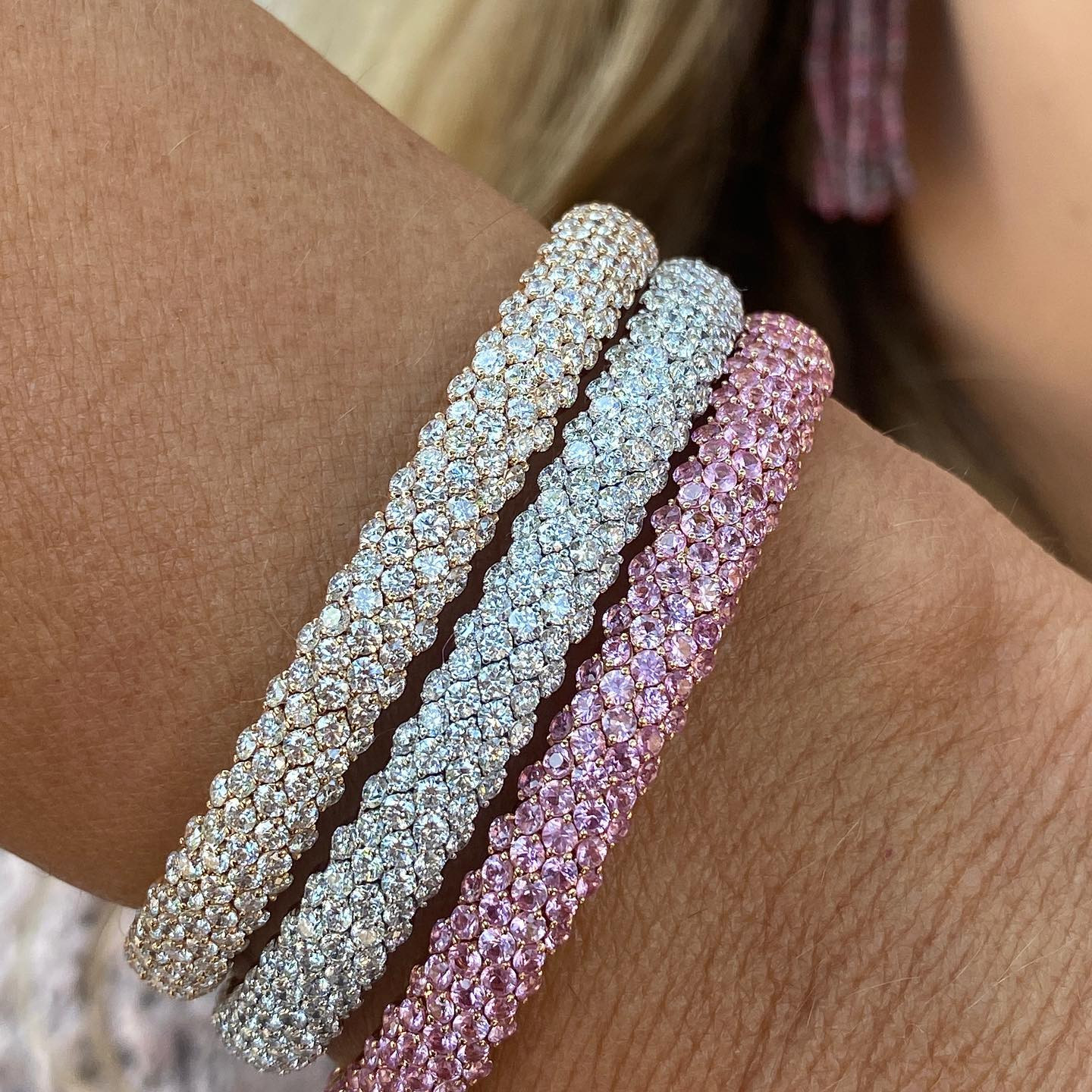 Classic Round Cut Sapphire Paved Couple's Bangle | SayaBling