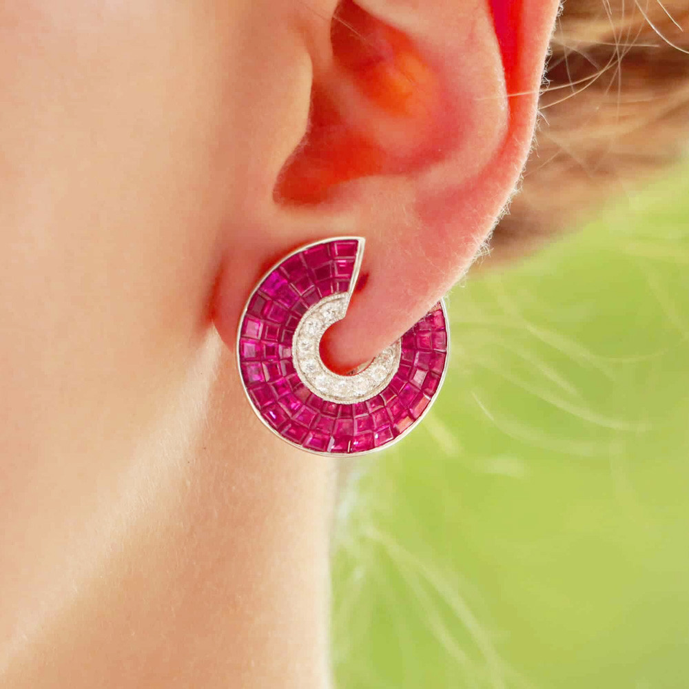 6.25ct Art Deco Invisible Ruby Swirl Earrings | SayaBling