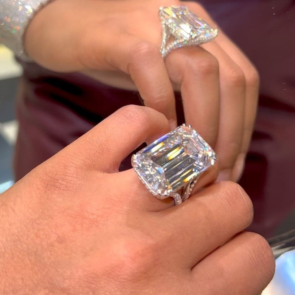 14ct Emerald Cut White Sapphire Paved Engagement Ring | SayaBling Jewelry