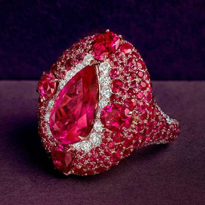 5.8ct Oval Cut Ruby Allover Paved Vintage Cocktail Ring | SayaBling