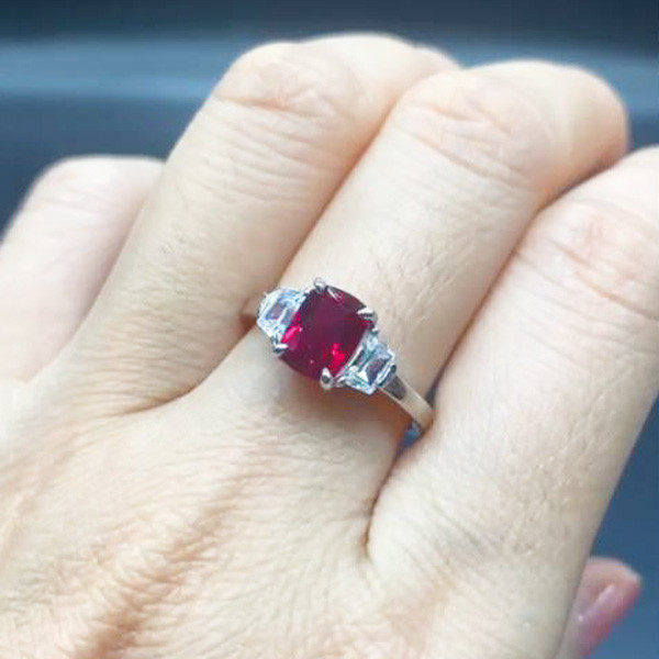 1.5ct Three-stone Cushion Cut Ruby Engagement Ring | SayaBling