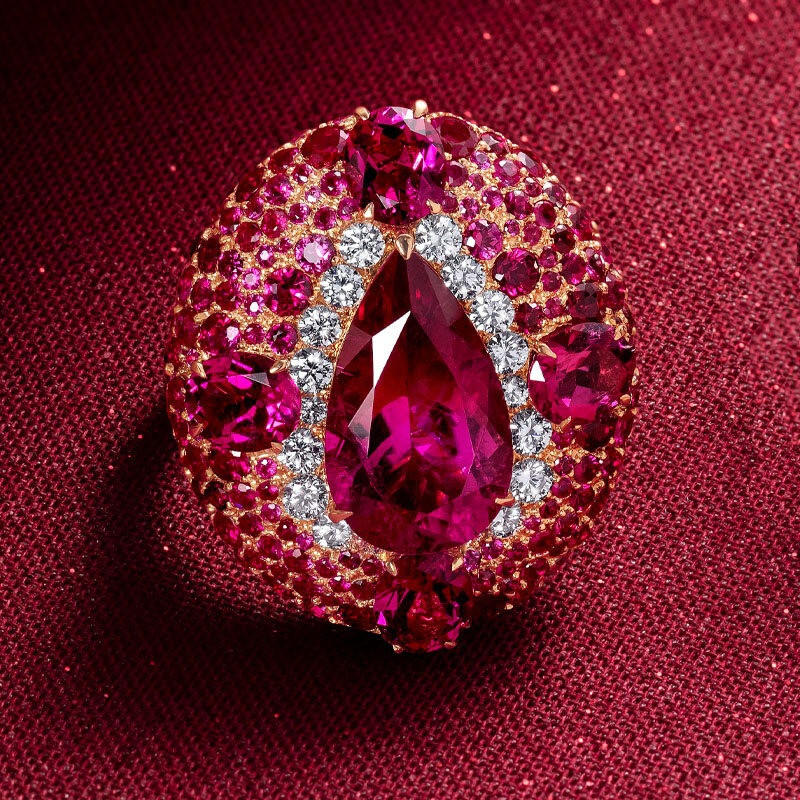5.8ct Oval Cut Ruby Allover Paved Vintage Cocktail Ring | SayaBling