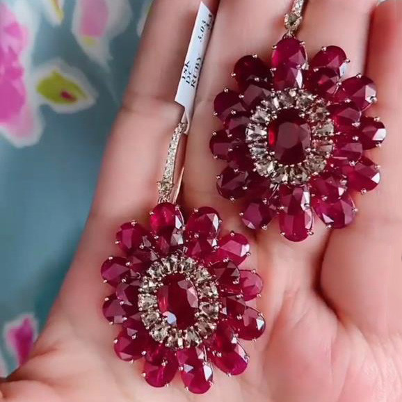 Nature Inspired Oval Cut Ruby Statement Flower Earrings | SayaBling Jewelry
