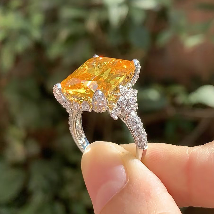 14.2ct Radiant Cut Yellow Sapphire Floral Cocktail Ring | SayaBling