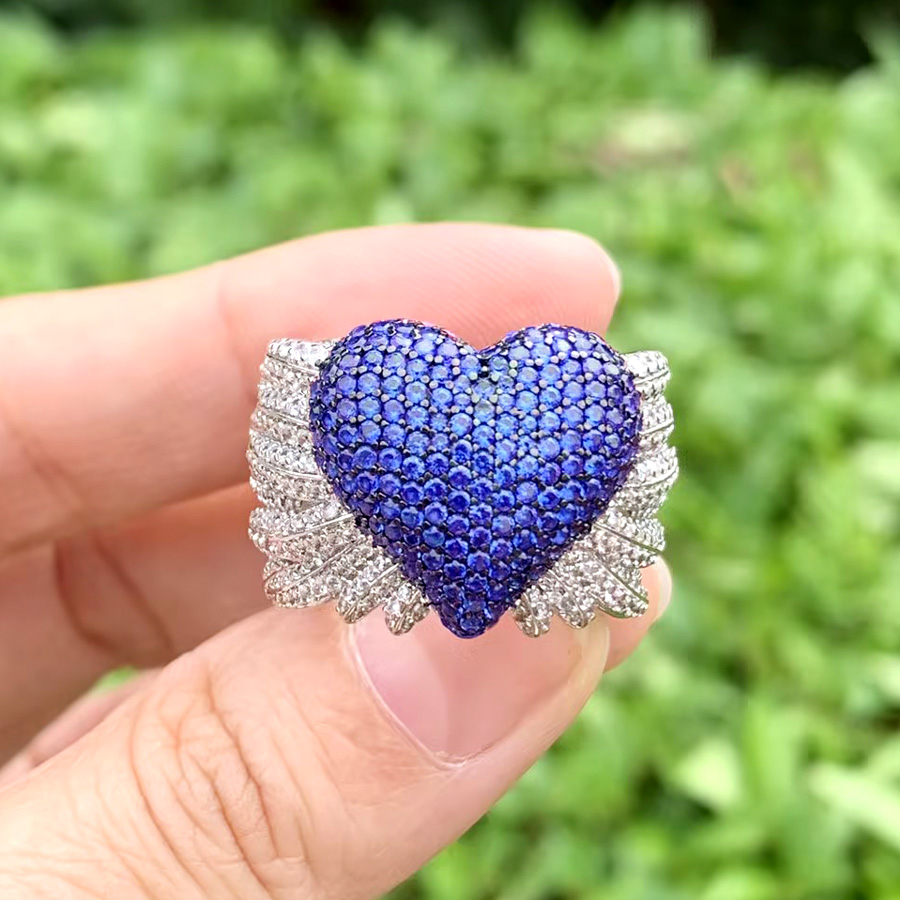 Sapphire Paved Angel Wing Heart Cocktail Ring | SayaBling