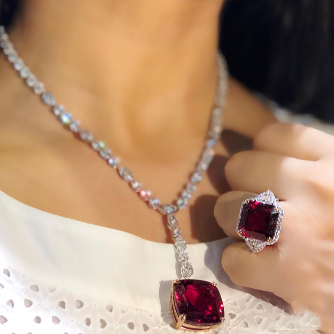 Cushion Cut Ruby Earrings Ring and Necklace Jewelry Set for Women ...