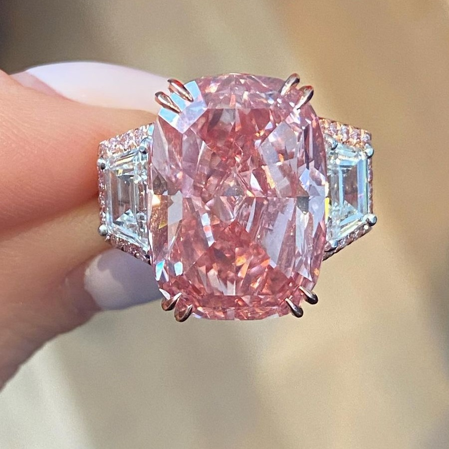 11ct Cushion Cut Pink Sapphire Three Stone Engagement Ring | SayaBling