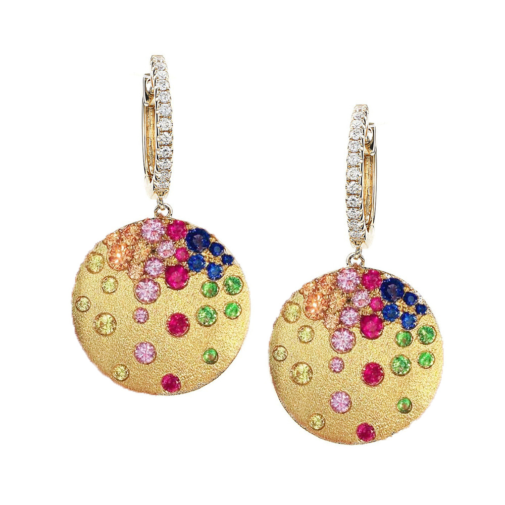 Flush Set Sandblasted Disc Starry Drop Earrings | SayaBling