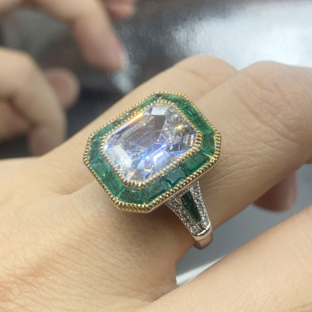 6ct Halo Emerald Cut Art-deco Engagement Ring | SayaBling