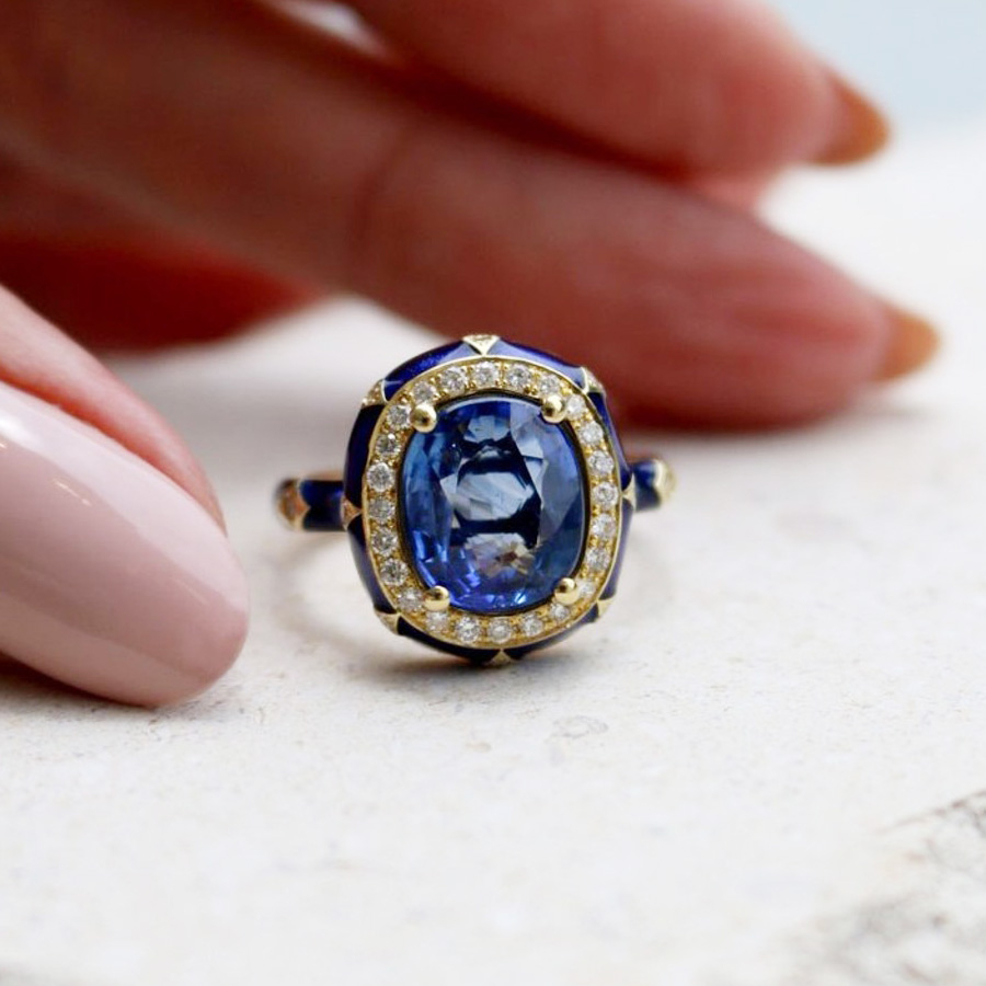 4ct Cushion Cut Sapphire Enamel Art-Deco Engagement Ring | SayaBling
